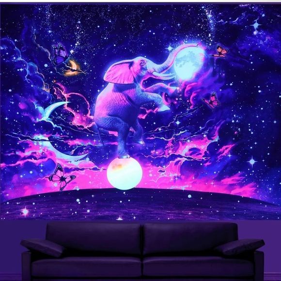 Wall Decor | Nwtlarge Black Light Elephant Moon Trippy Wall Tapestry ...